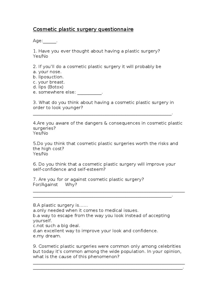 Cosmetic Plastic Surgery Questionnaire | PDF