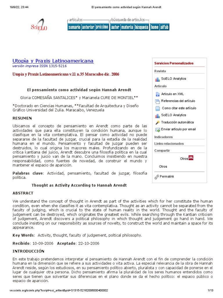 El Pensamiento Como Actividad Según Hannah Arendt | PDF | Pensamiento ...