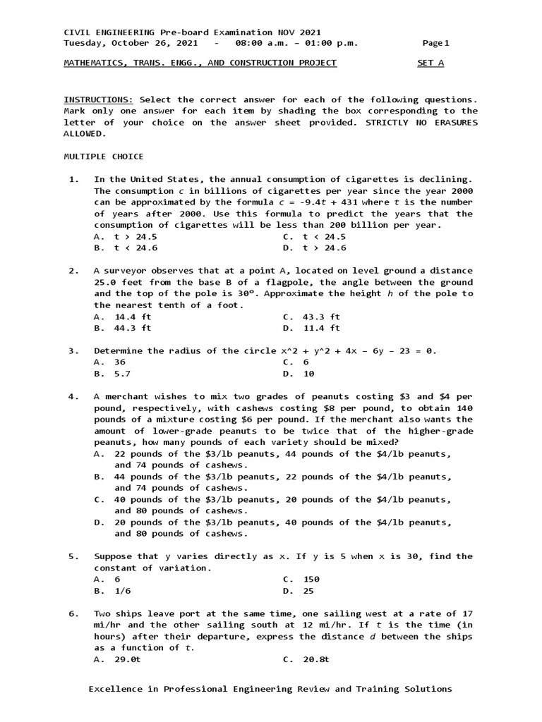 Math Preboard Exam NOV 2021 | PDF | Area