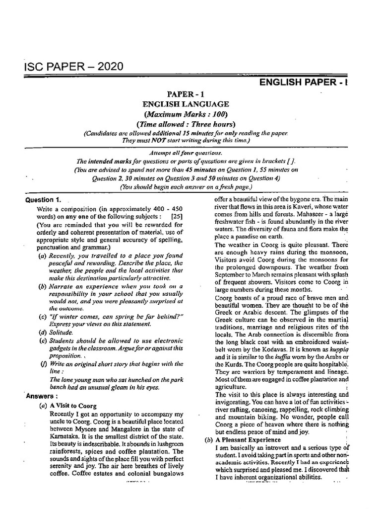 ISC 2020 Solved Paper English Language | PDF