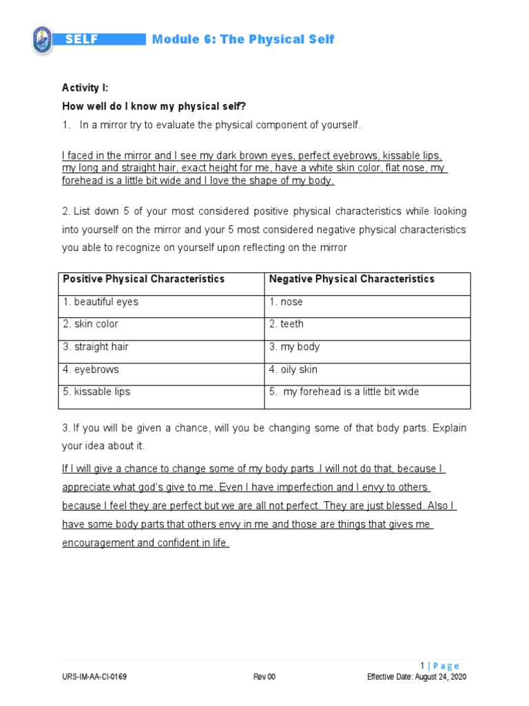 MODULE 6 THE PHYSICAL SELF Activity | PDF | Self Concept | Adolescence