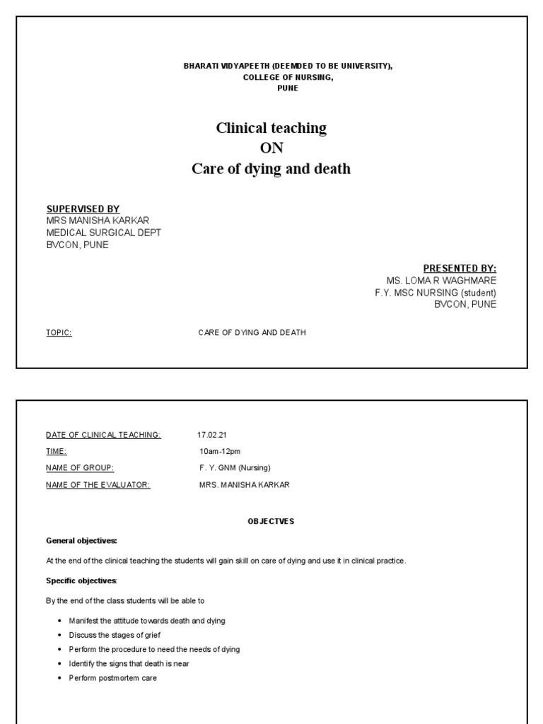 Lesson Plan Death Care | PDF | Pain | Death