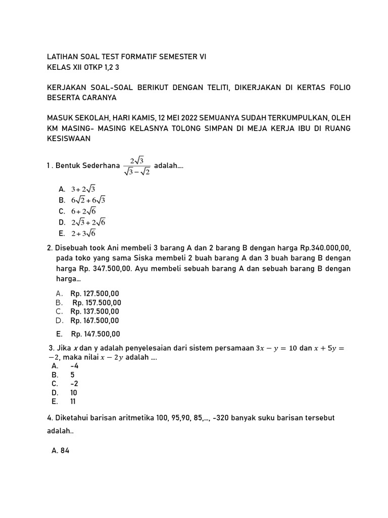 Latihan Soal Formatif Kelas Xii Otkp 1,2,3 | PDF