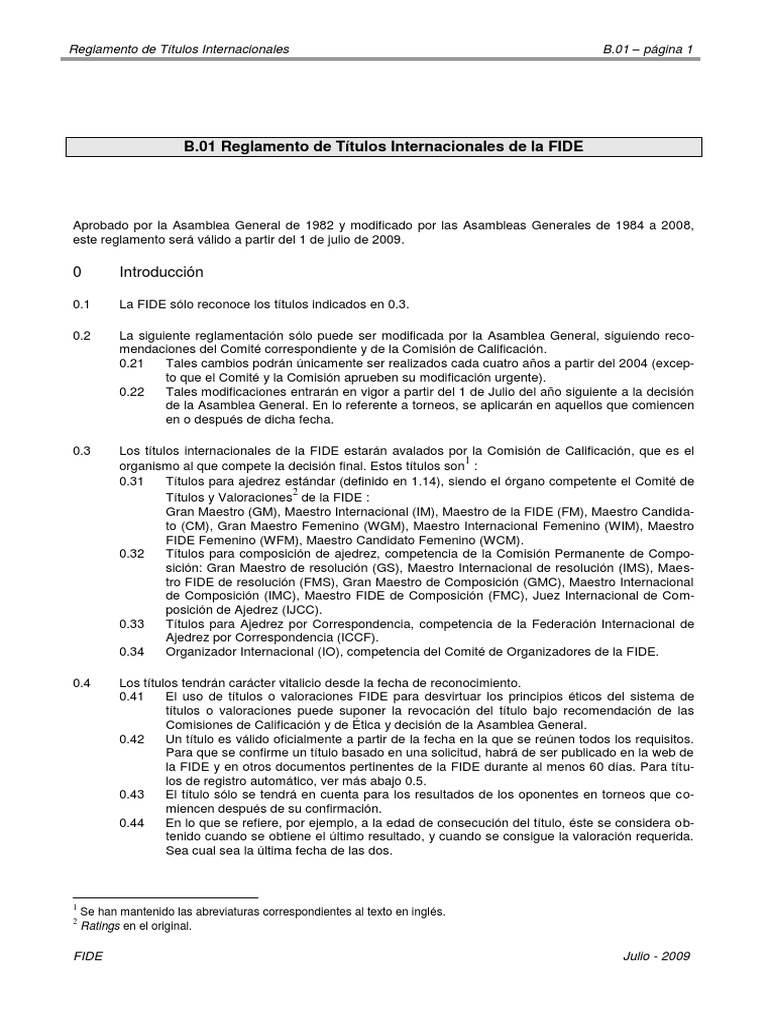 B.01 Reglamento de Títulos Internacionales de La FIDE | PDF | Deportes ...