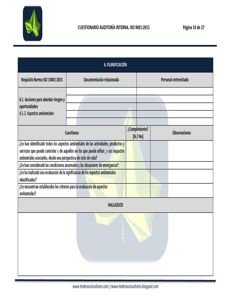 Check List Auditoría ISO 14001 2015 3 | PDF | Planificación | Auditoría