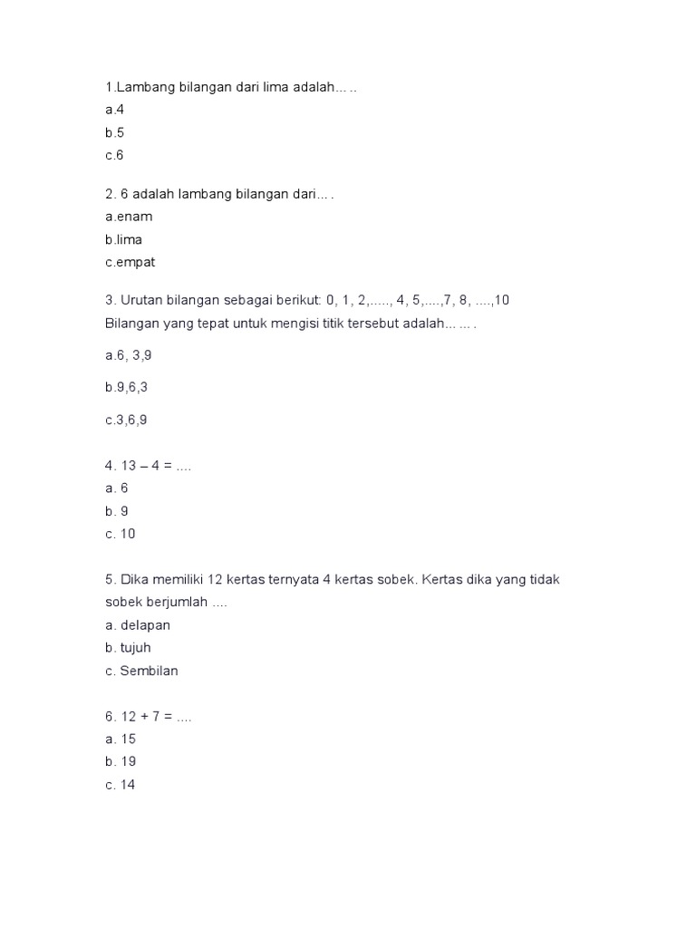 Contoh Soal Matematika Kelas 1 SD | PDF