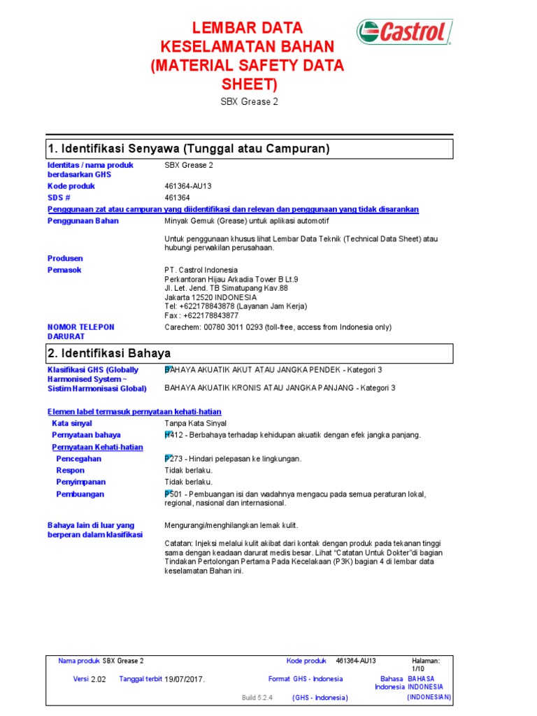 Lembar Data Keselamatan Bahan (Material Safety Data Sheet) : 1. Identifikasi Senyawa (Tunggal ...