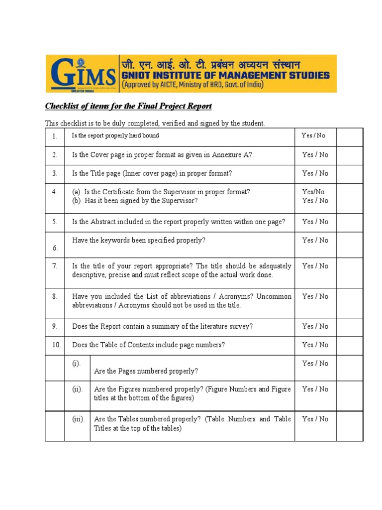 Checklist of Items For The Final SIP Report | PDF | Written ...