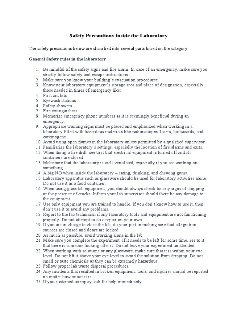 Laboratory Safety Precautions Guide | PDF | Laboratories | Personal ...