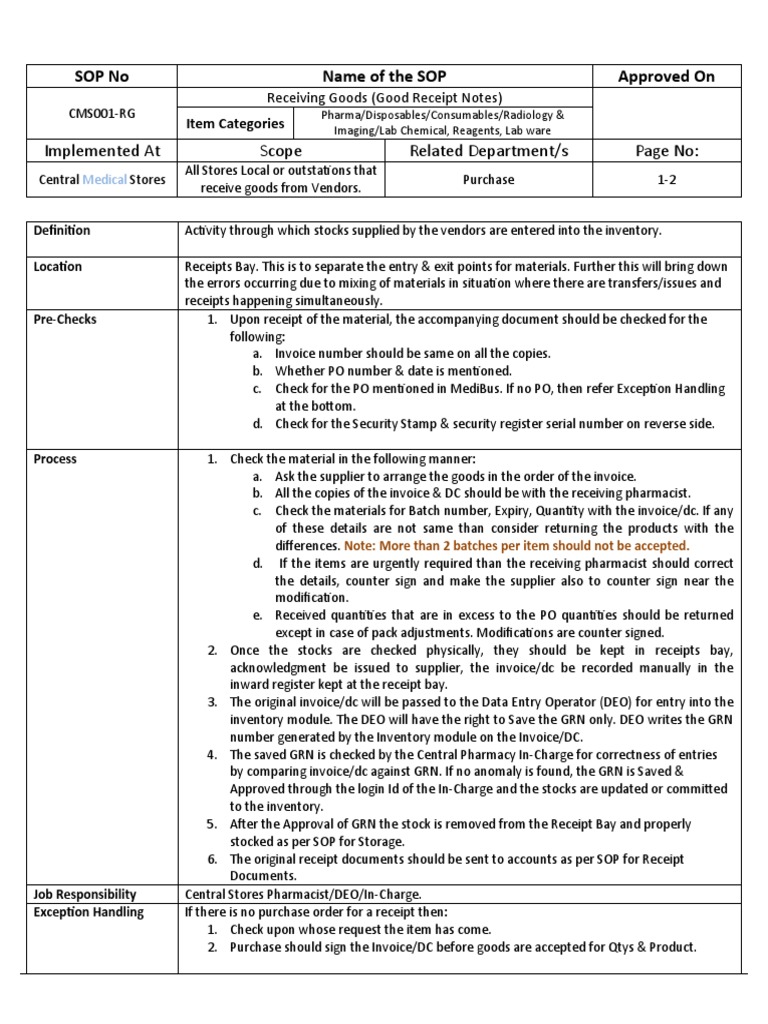 SOP GRN Pharma | PDF | Receipt | Invoice