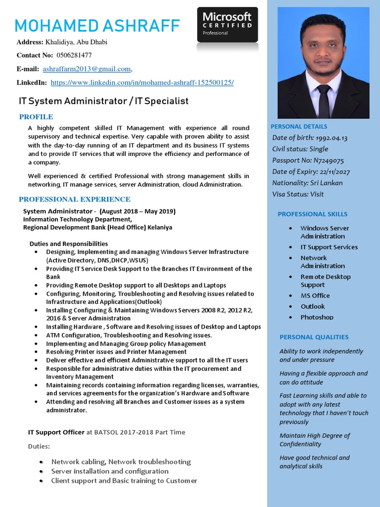 Mohamed Ashraff's Resume: Seeking an IT System Administrator/Specialist Role | PDF | Computer ...