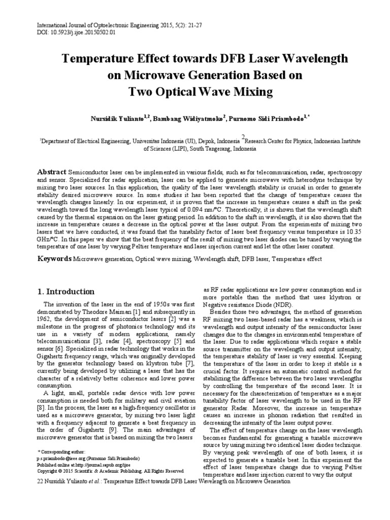 Temperature Effect Towards DFB Laser Wavelength On Microwave Generation Based On Two Optical ...