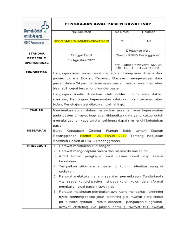 Spo Pengkajian Awal Pasien Rawat Inap | PDF