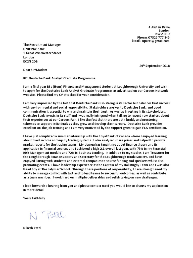 Example Covering Letter - Graduate Job - Nikesh Patel | PDF | Banks ...