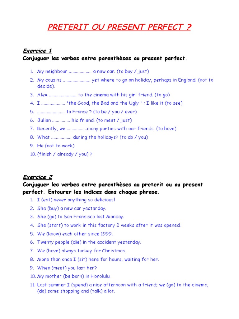 Exercices Preterit Present Perfect Since Ago For | PDF
