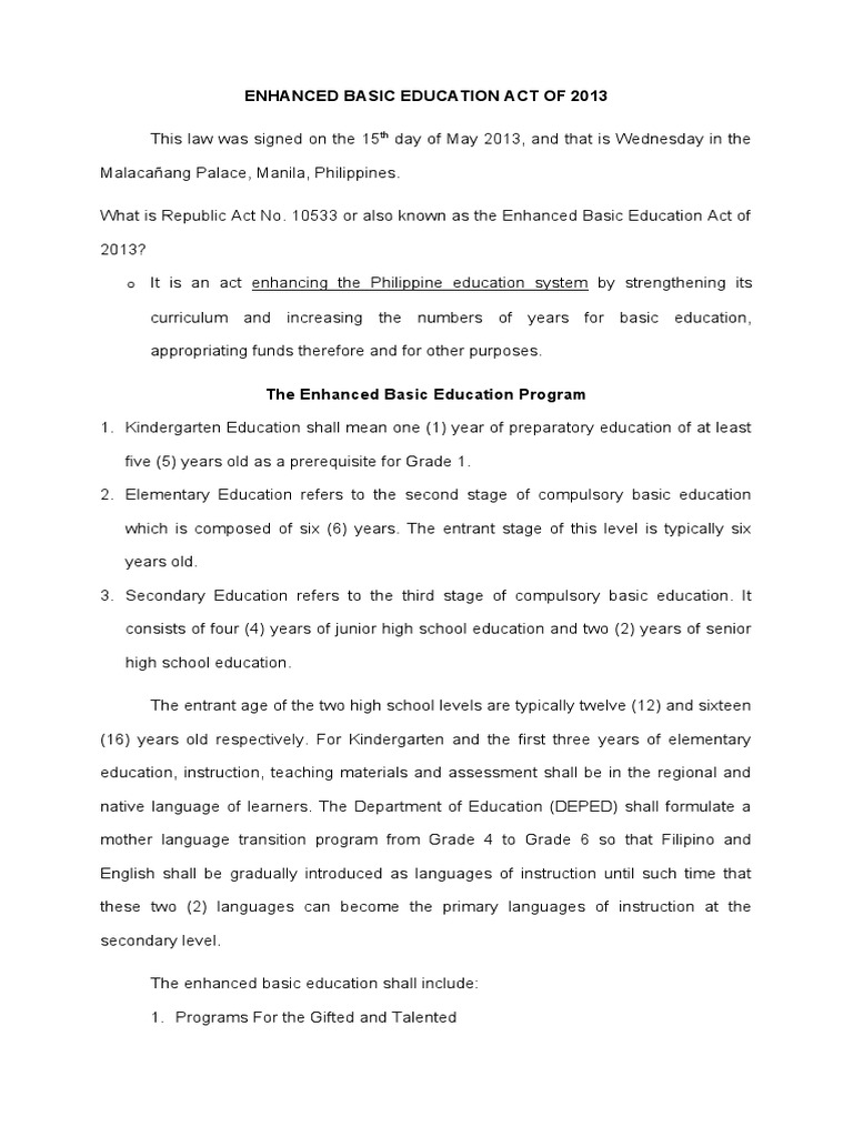 Enhanced Basic Education Act of 2013 | PDF | Teachers | Curriculum