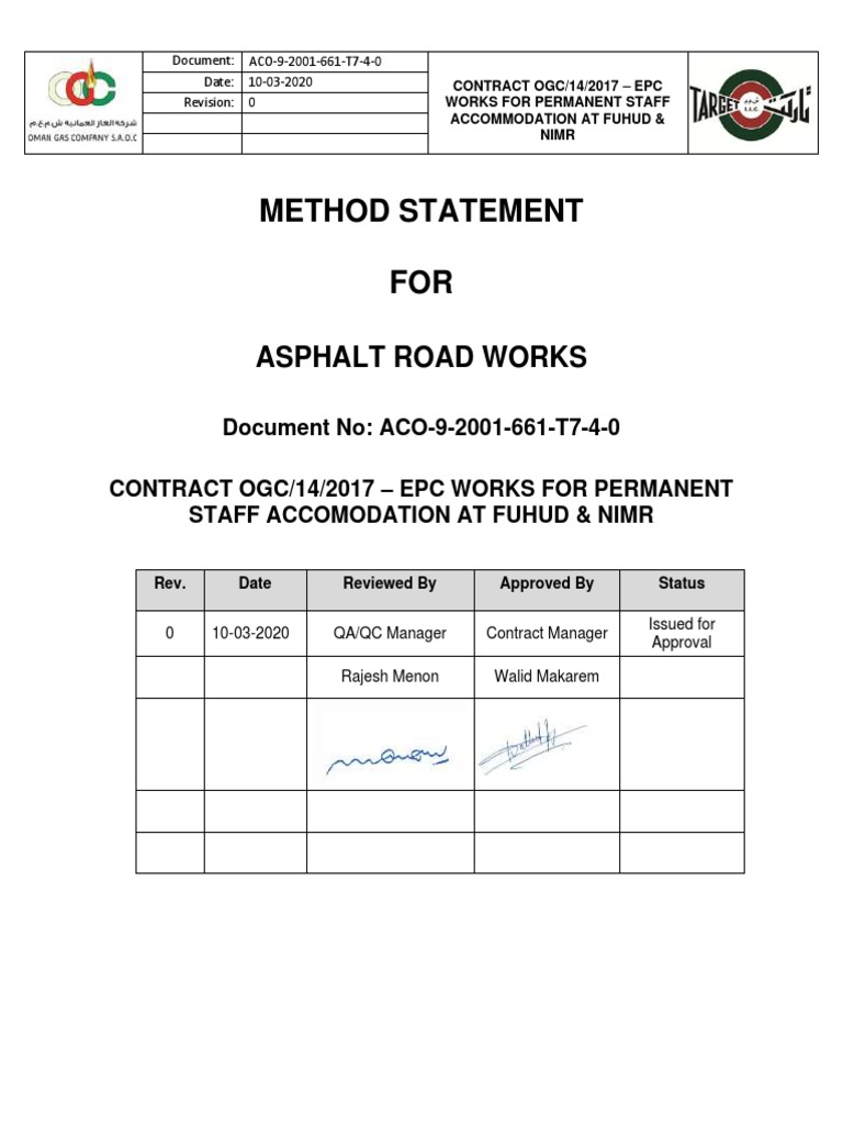 2648 - Aco 9 2001 661 t7 4 0 Method Statement For Asphalt Road Works | PDF | Asphalt | Personal ...