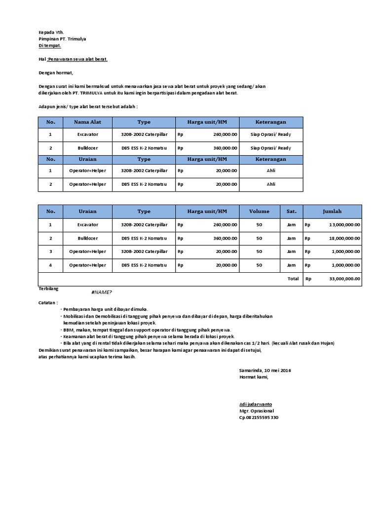 Surat Penawaran Alat Berat | PDF
