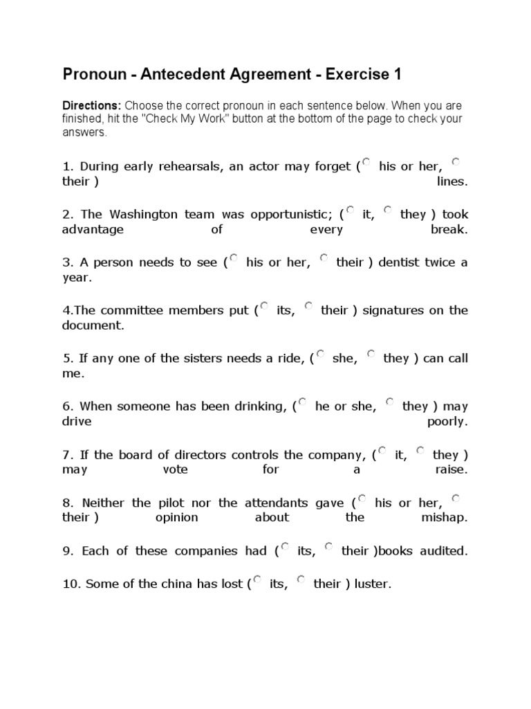 Pronoun-Antecedent Agreement Exercise: Choosing Correct Pronouns in ...