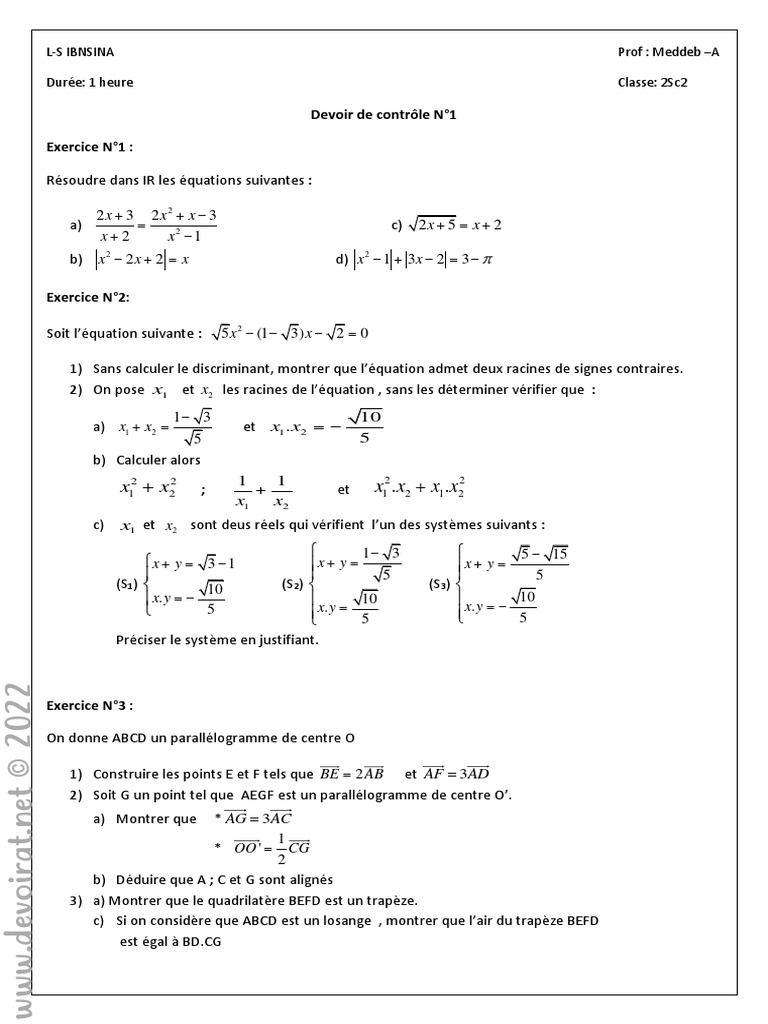 Devoir de Contrôle N°1 - Math - 2ème Sciences (2021-2022) Mme Meddeb Ayda | PDF | Formes ...
