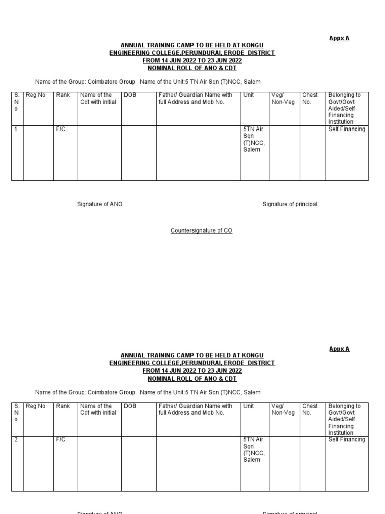 NCC Annual Training Camp Nominal Roll | PDF