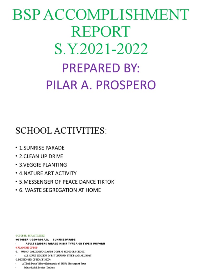 Pilar A. Prospero's Report on BSP Activities for SY 2021-2022 including ...
