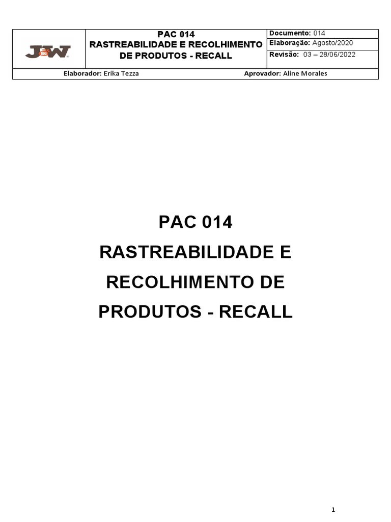 PAC 14 - Rastreabilidade e Recolhimento de Produtos - RECALL | PDF ...