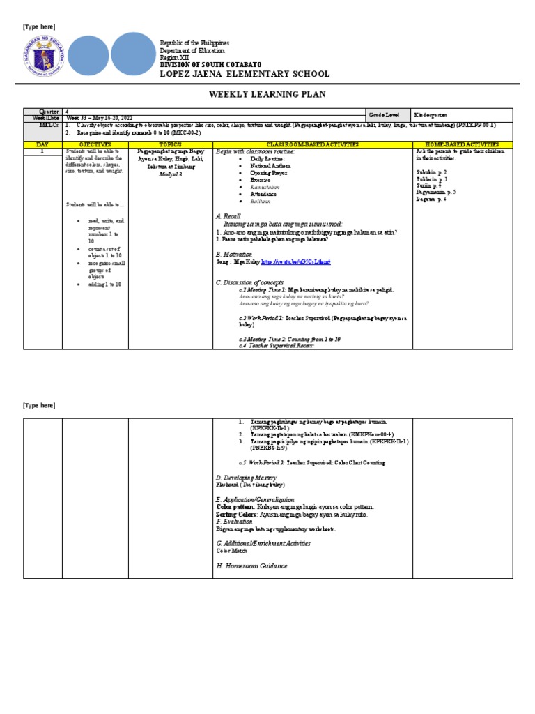 Weekly Learning Plan | PDF