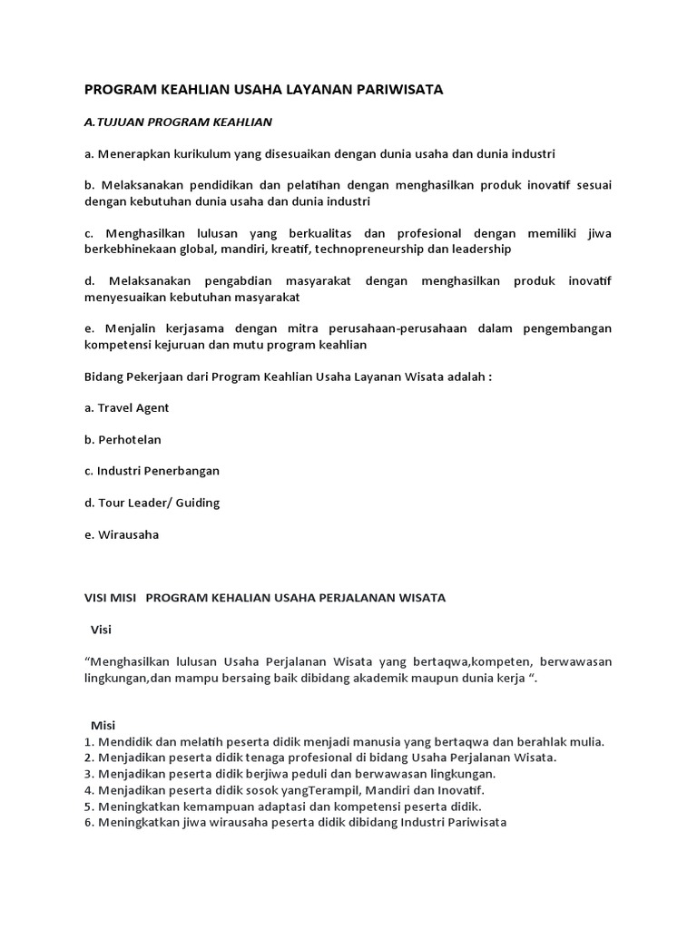 Program Keahlian Usaha Layanan Pariwisata Kos | PDF