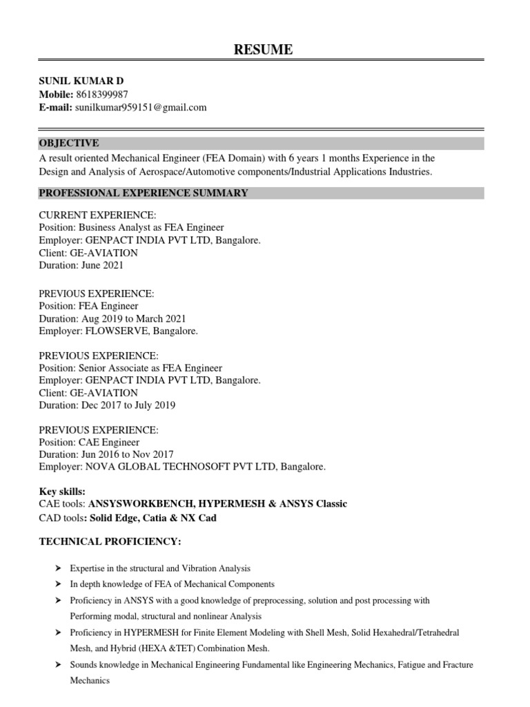 Resume Sunil | PDF | Finite Element Method | Mechanical Engineering