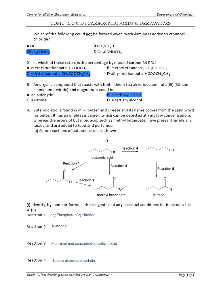 Worksheet On Carboxylic Acids | PDF | Ester | Acetate