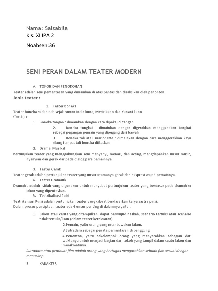 Seni Peran Dalam Teater Modern: KLS: Xi Ipa 2 Noabsen:36 | PDF