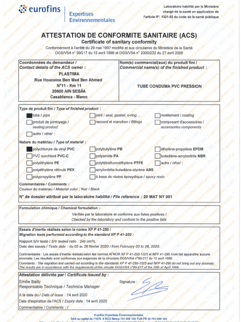 1-Attestation Conformité Sanitaire Tube PVC 2025 | PDF