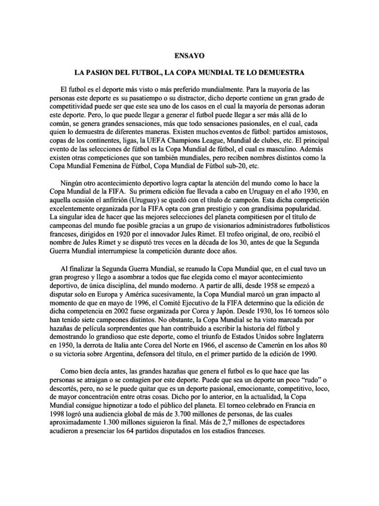 Ensayo Ensayo La Pasion Del Futbol, La Copa Mundial Te Lo Demuestra La ...