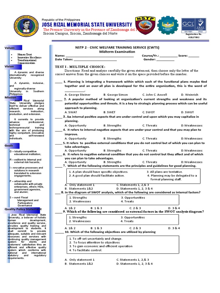 CWTS Midterm Exam 1 | PDF | Swot Analysis | Governance