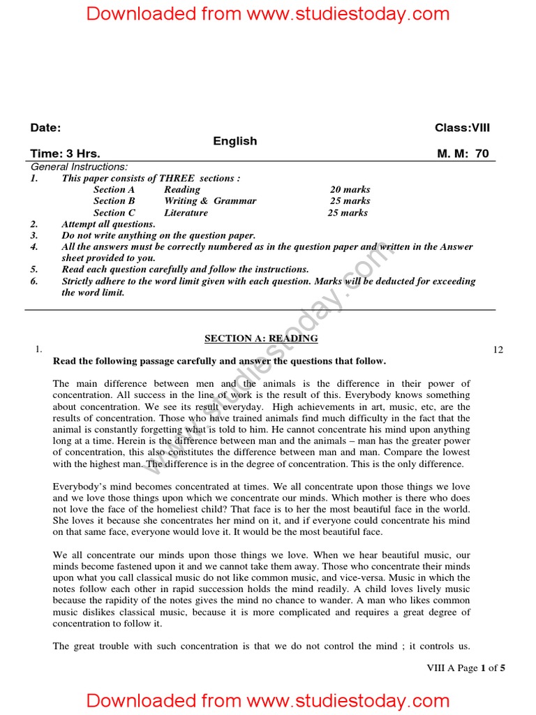 CBSE Class 8 English Question Paper Set D | PDF | Milk