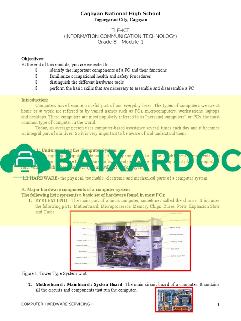Grade 8 ICT Module: PC Components & Safety | PDF | Computer Data Storage | Computer Monitor