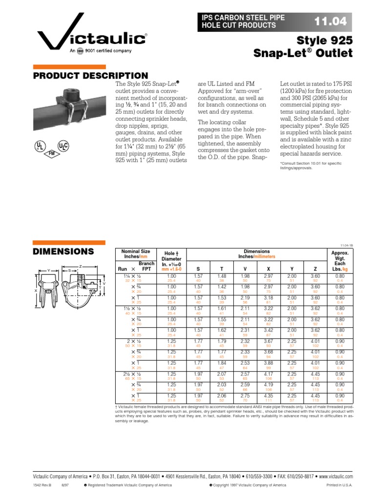 FT Snap Let Victaulic Style 925 | PDF | Pipe (Fluid Conveyance) | Screw