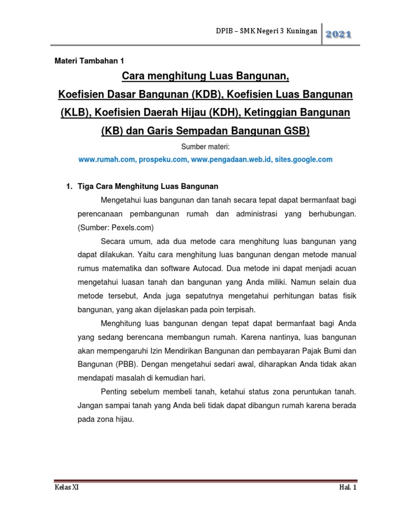Menghitung Luas Bangunan, KDB, KLB, KDH, KB Dan GSB | PDF