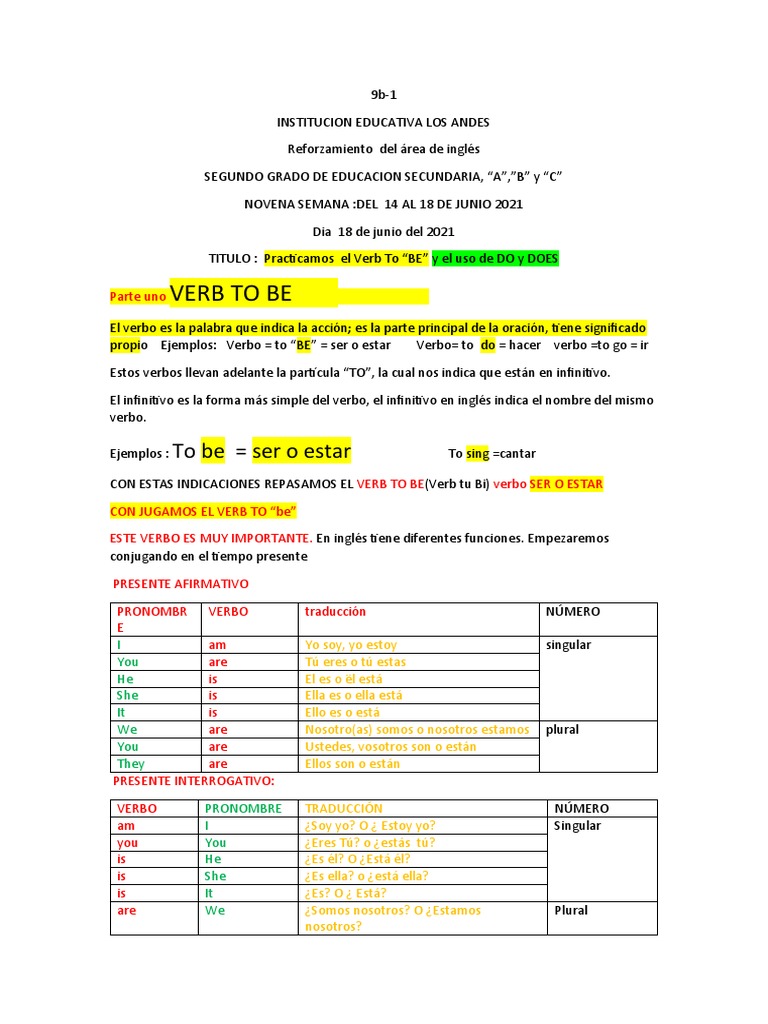 Practicamos el Verb To “BE” y el uso de DO y DOES | PDF | Verbo | Plural