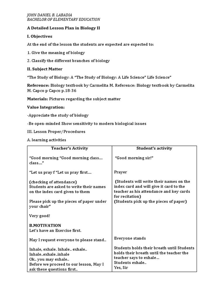 A Detailed Lesson Plan in Biology II | PDF | Zoology | Botany