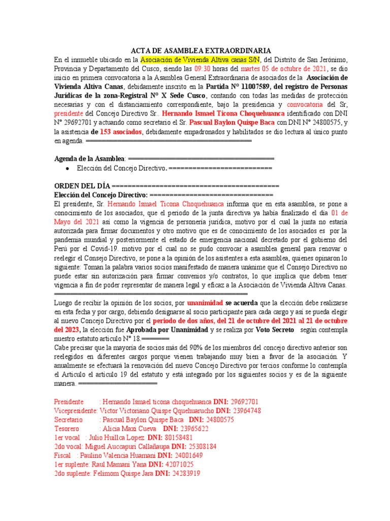 Acta de Asamblea Extraordinaria para La Eleccion de La Nueva Junta Directiva | PDF | Gobierno