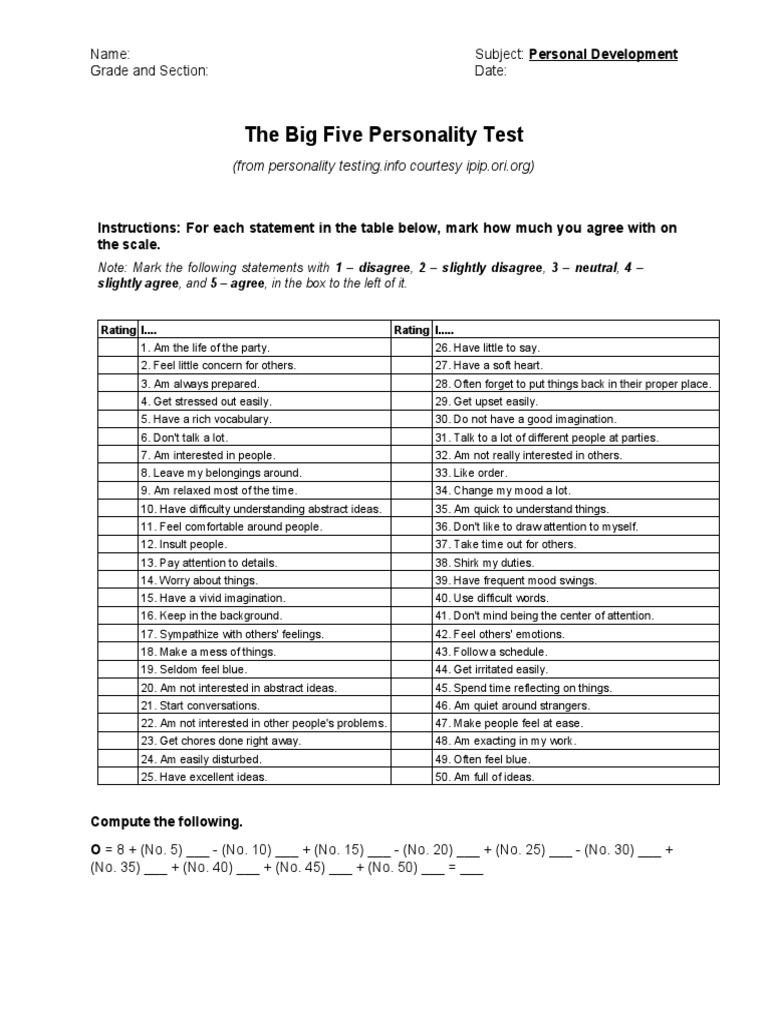 Per Dev The Big Five Personality Test | Download Free PDF | Human ...