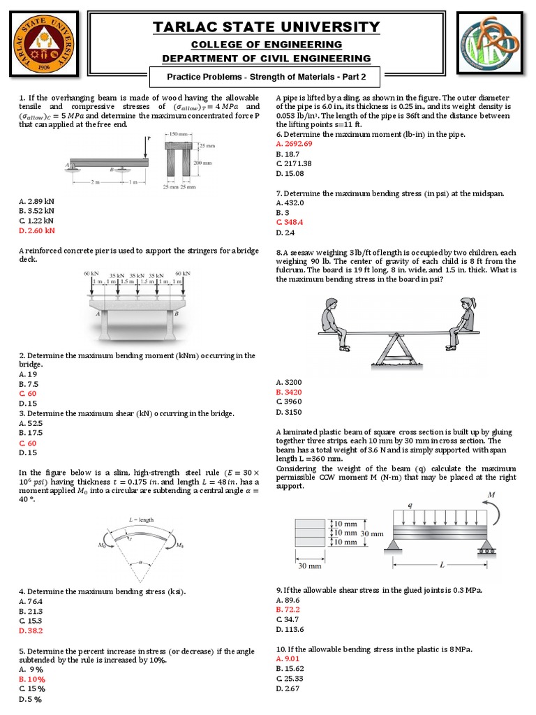 Strength of Materials Practice Problems | PDF | Bending | Beam (Structure)