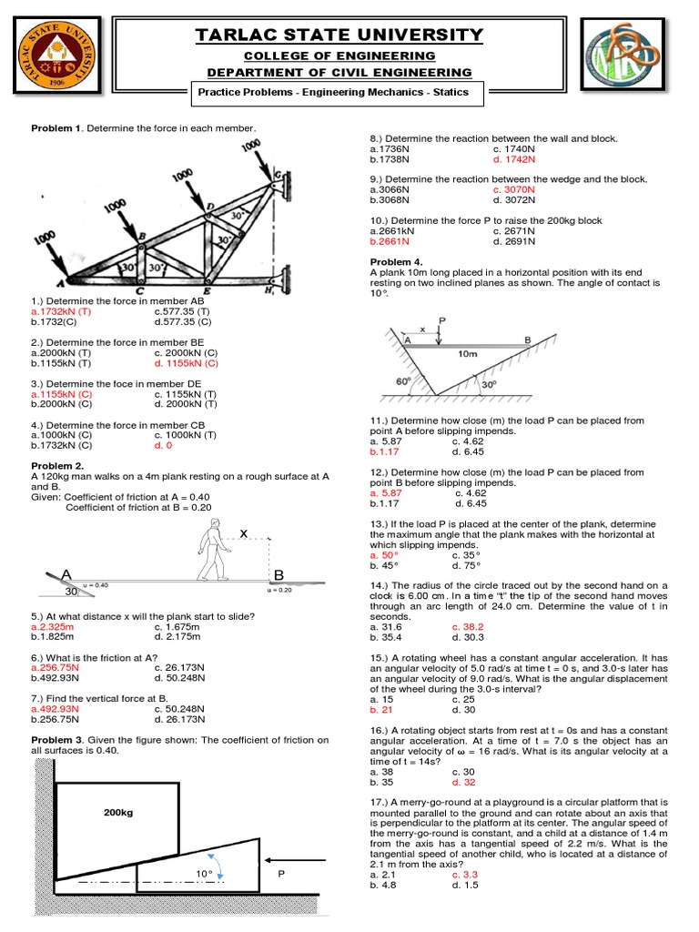 Tsu m17 Practice Problems Statics of Rigid Bodies | PDF | Rotation Around A Fixed Axis | Angle