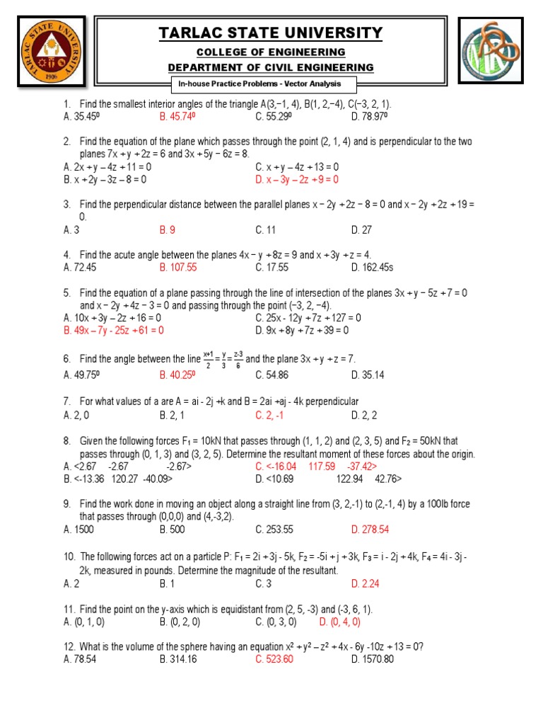 Tsu M05 Practice Problems Vector Geometry | PDF | Plane (Geometry ...
