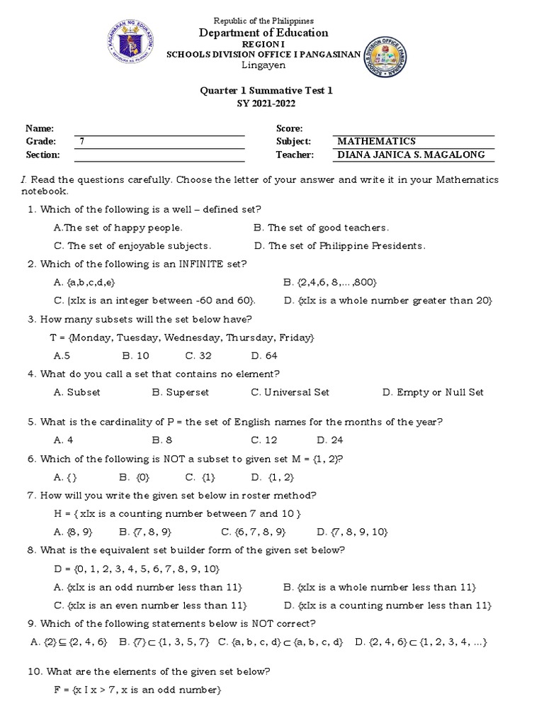 Mathematics 7 - Qi 1st Summative Test | PDF | Mathematics ...