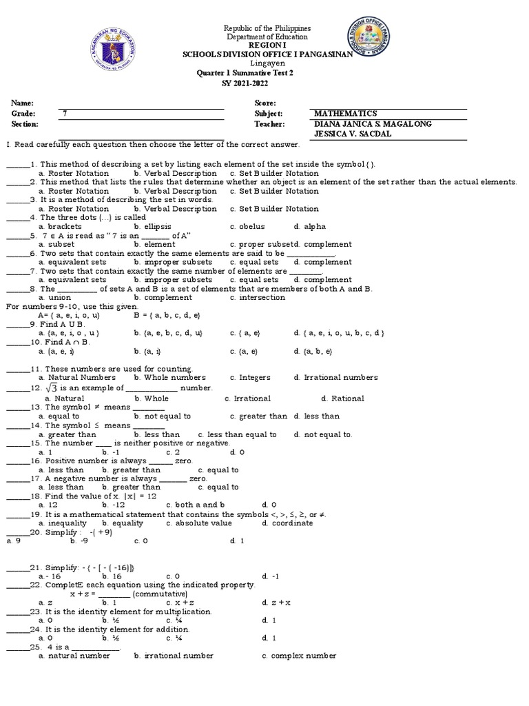 Mathematics 7 Qi 2nd Summative Test Pdf Numbers Integer