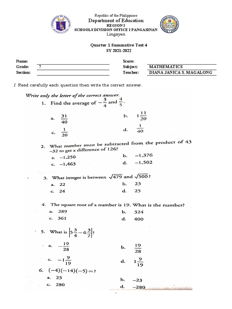 Mathematics 7 - Qi 4th Summative Test | PDF