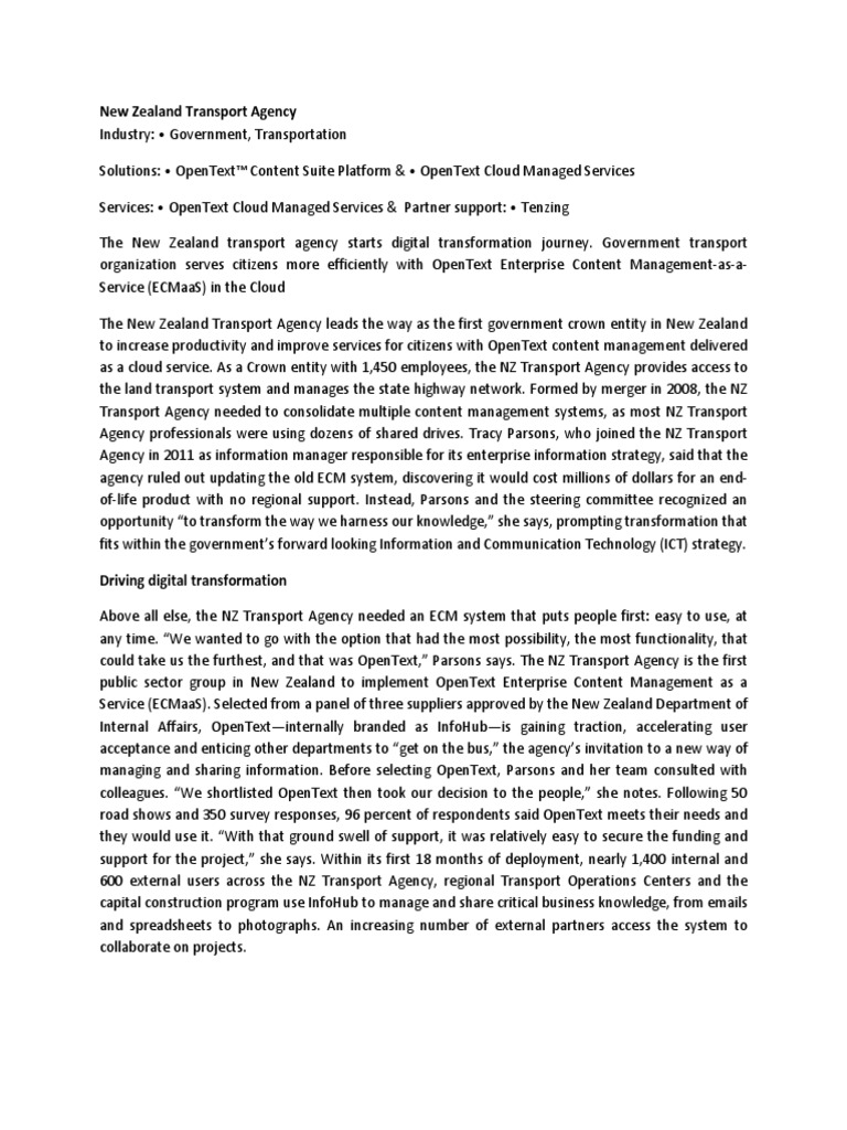 OpenText-Implementation For New Zealand Transport Agency | PDF | Cloud Computing | Information ...